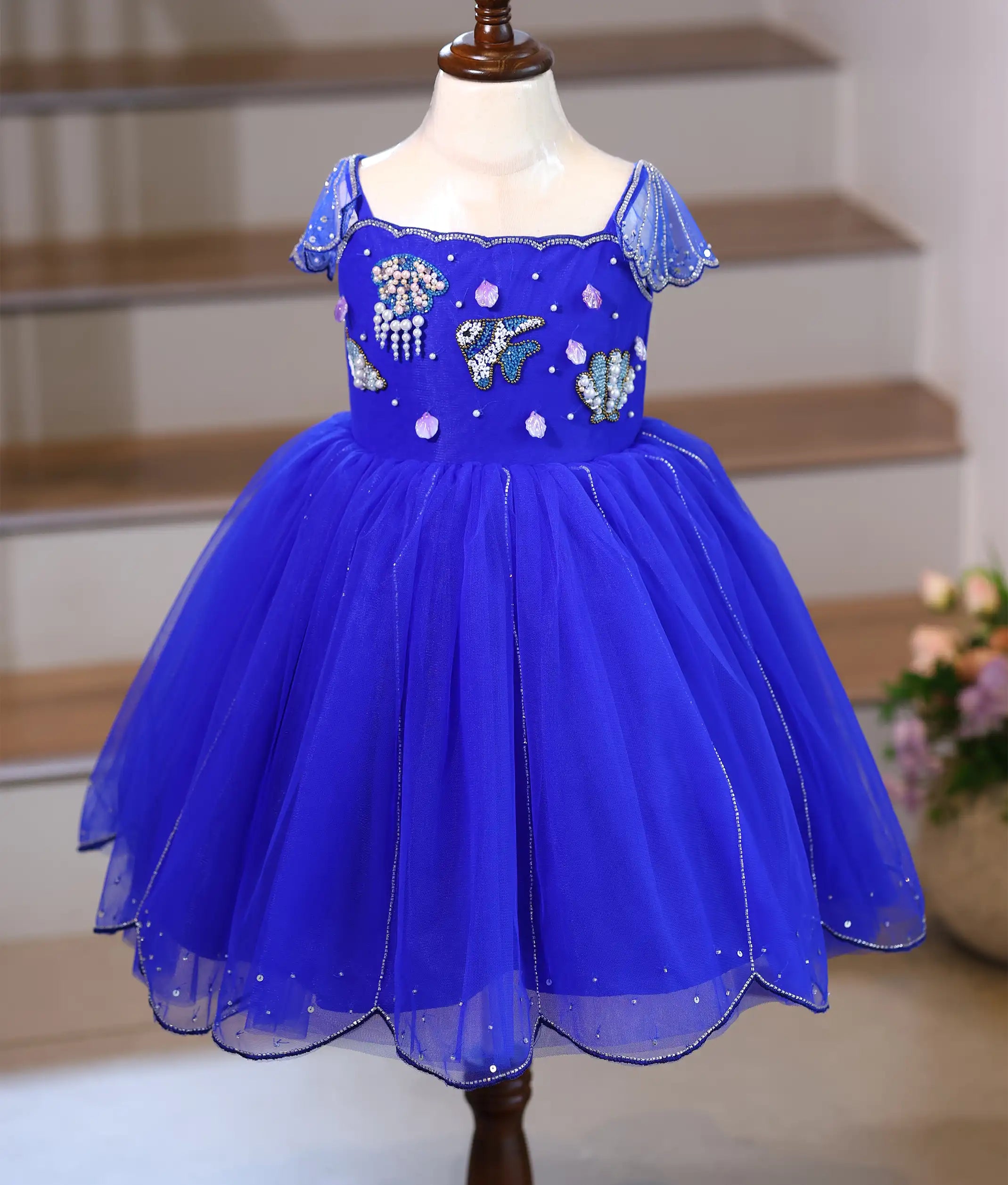 Royal Blue Tulle Net Ocean Theme Birthday Frock For Baby Girl ...